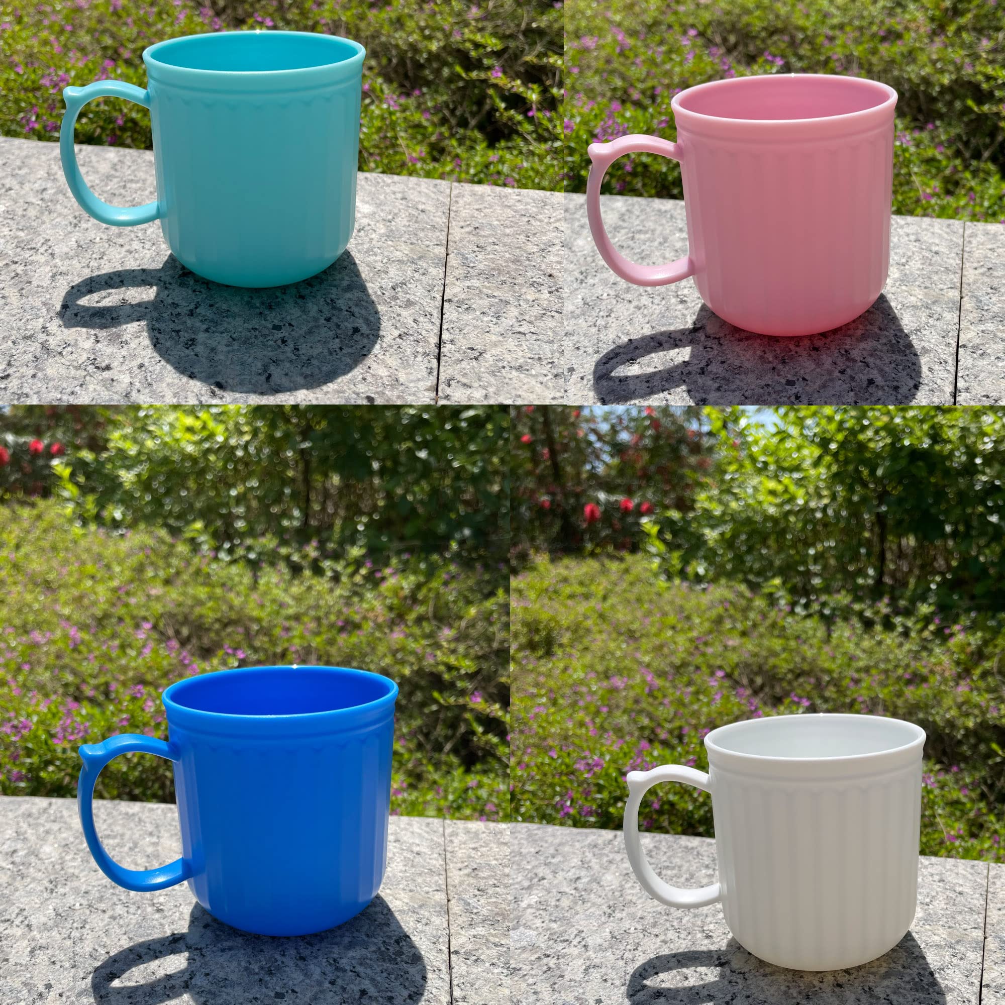 AOYITE Plastic Coffee Cups with Handles - Unbreakable BPA Free Coffee Mugs 13 oz set of 4 - Reusable Dishwasher Safe Hard Drinking Cups for Kids Kitchen Outdoor (Thick Wall)