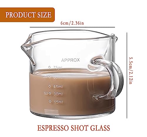 Double Spouts Measuring Coffee Milk Cup 75ML Espresso Shot Glass Espresso Accessories with Handle for Barista Coffee Espresso Making (1 Pack)