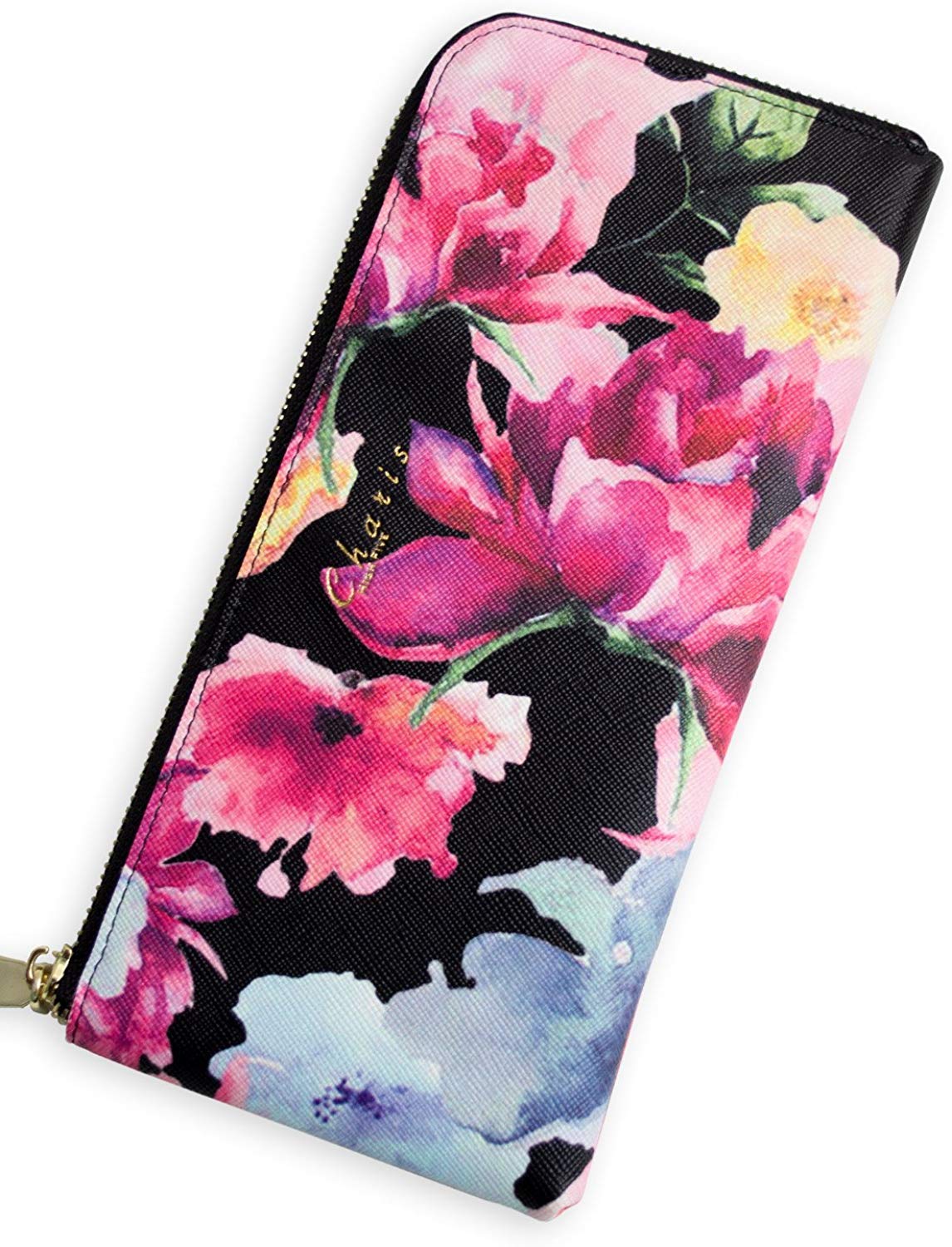 Charis HIGH FIVE Vegan Leather Botanical Floral Slim Wallet for Women Card Coin Purse Flower - Black
