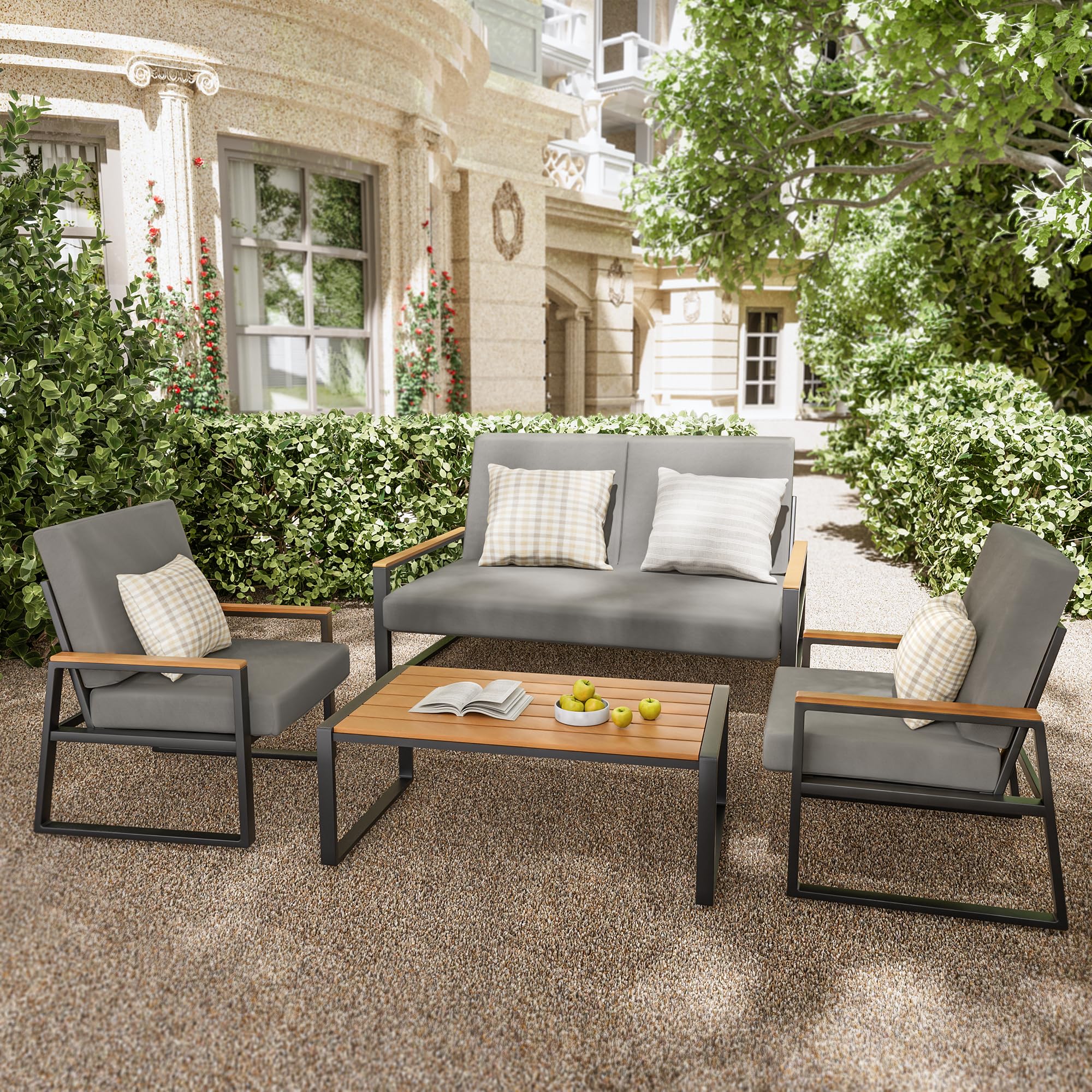 Gizoon 4-Piece Outdoor Patio Furniture Sets, Patio Conversation Set with Removable Seating Cushion, Courtyard Patio Set for Home, Yard, Poolside (Grey)