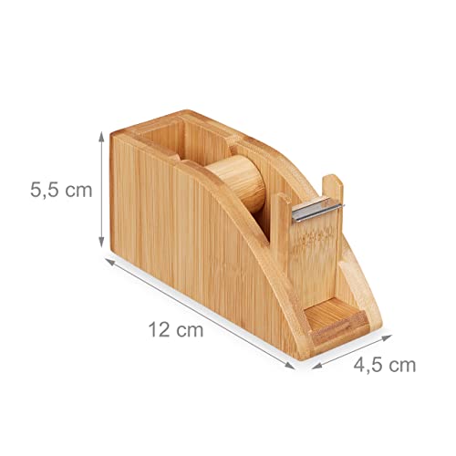 Relaxdays Adhesive Dispenser, Sticky Tape Holder for 25 mm Rolls, with Cutting Blade, Crafts, Natural, 5.5 x 12 x 4.5 cm, Bamboo, Metal