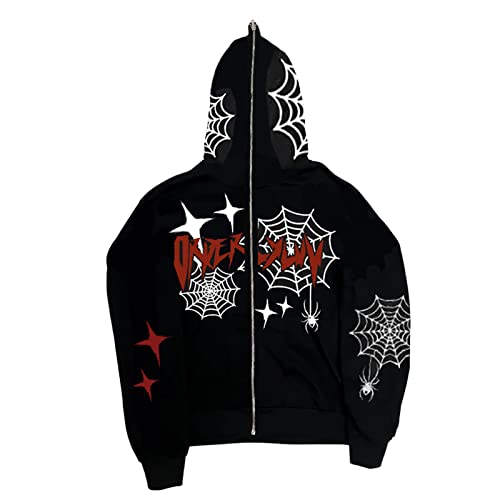 Amiblvowa Womens Men Rhinestone Spider Web Graphic Hoodies Y2k Full Zip Up Over Face Gothic Skull Oversized Jacket Streetwear