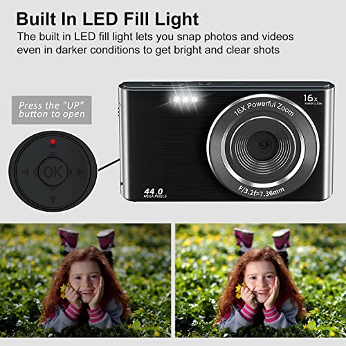 eDealz 44MP Digital Camera Compact Point and Shoot Camera with 32GB SD Card, 16X Digital Zoom, Kids Camera 2.4 Inch Screen, Vlogging Camera for Teens Students Boys Girls Seniors (Black)