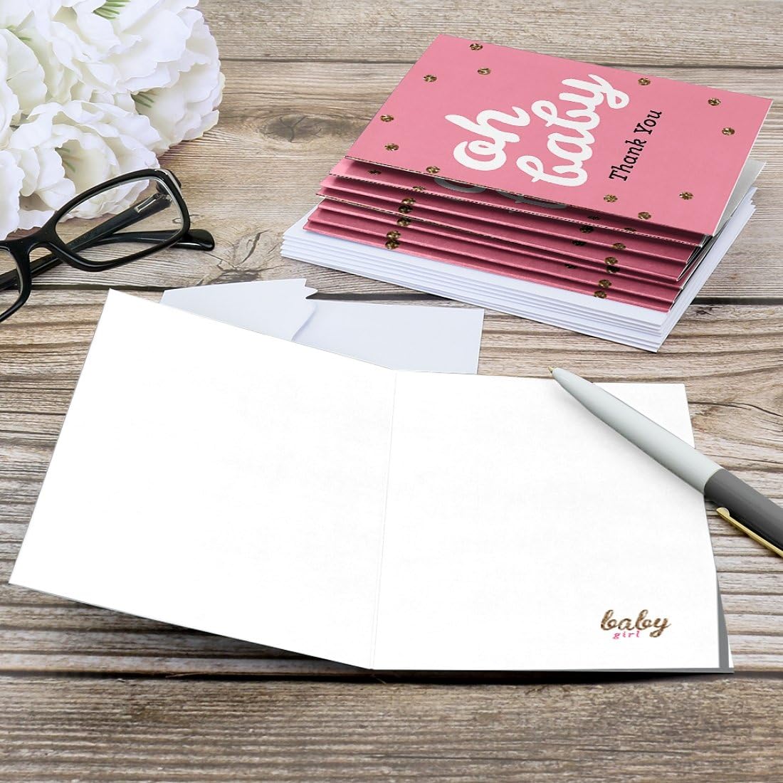 Hello Little One - Pink and Gold - Girl Baby Shower Thank You Cards (8 count)