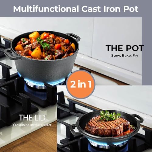 TLGREEN Cast Iron Dutch Oven Pot with Lid,Cast Iron Pot (5.1QT) and Cast Iron Lid as a Skillet(1.9QT) - Dutch Oven Cast Iron with Silicone Holders, Iron Stand, for Oven, Stove, Grill,Campfire