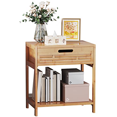Baveke Bamboo Nightstand, Bedside Table End Table Side Table with Drawer and Storage Shelf, Mid-Century Modern Wood Night Stand for Bedroom, Lounge, Space Saving, Easy Assembly (Natural 1)