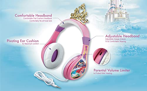 Disney Princess Kids Headphones For Kids Adjustable Stereo Tangle-Free 3.5Mm Jack Wired Cord Over Ear Headset For Children Parental Volume Control Kid Friendly Safe (Frustration Free Packaging), DP-140.EXv6, Pink