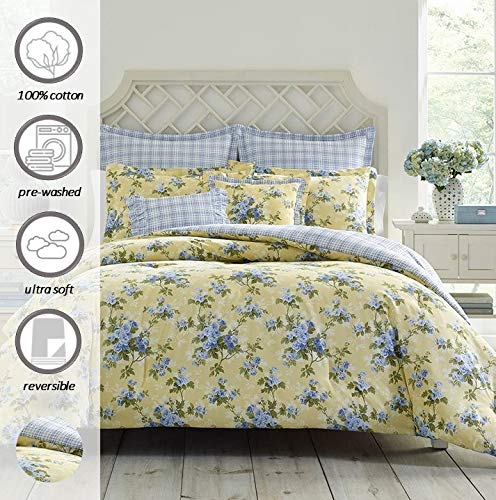 Laura Ashley - King Comforter Set, Cotton Reversible Bedding, Includes Matching Shams with Bonus Euro Shams & Throw Pillows (Cassidy Yellow, King)