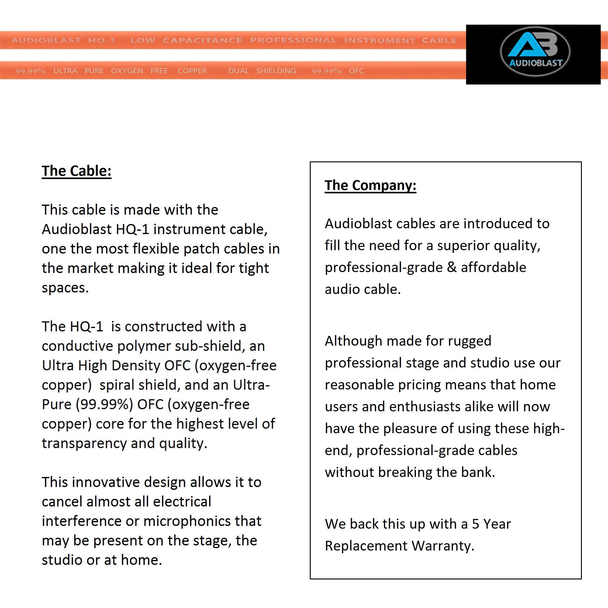 Audioblast - 6 Units - 6 Inch - HQ-1 (Orange) - Ultra Flexible - Dual Shielded (100%) - Instrument Effects Pedal Patch Cable w/ ¼ inch (6.35mm) Low-Profile, R/A Pancake TS Plugs & Dual Staggered Boots