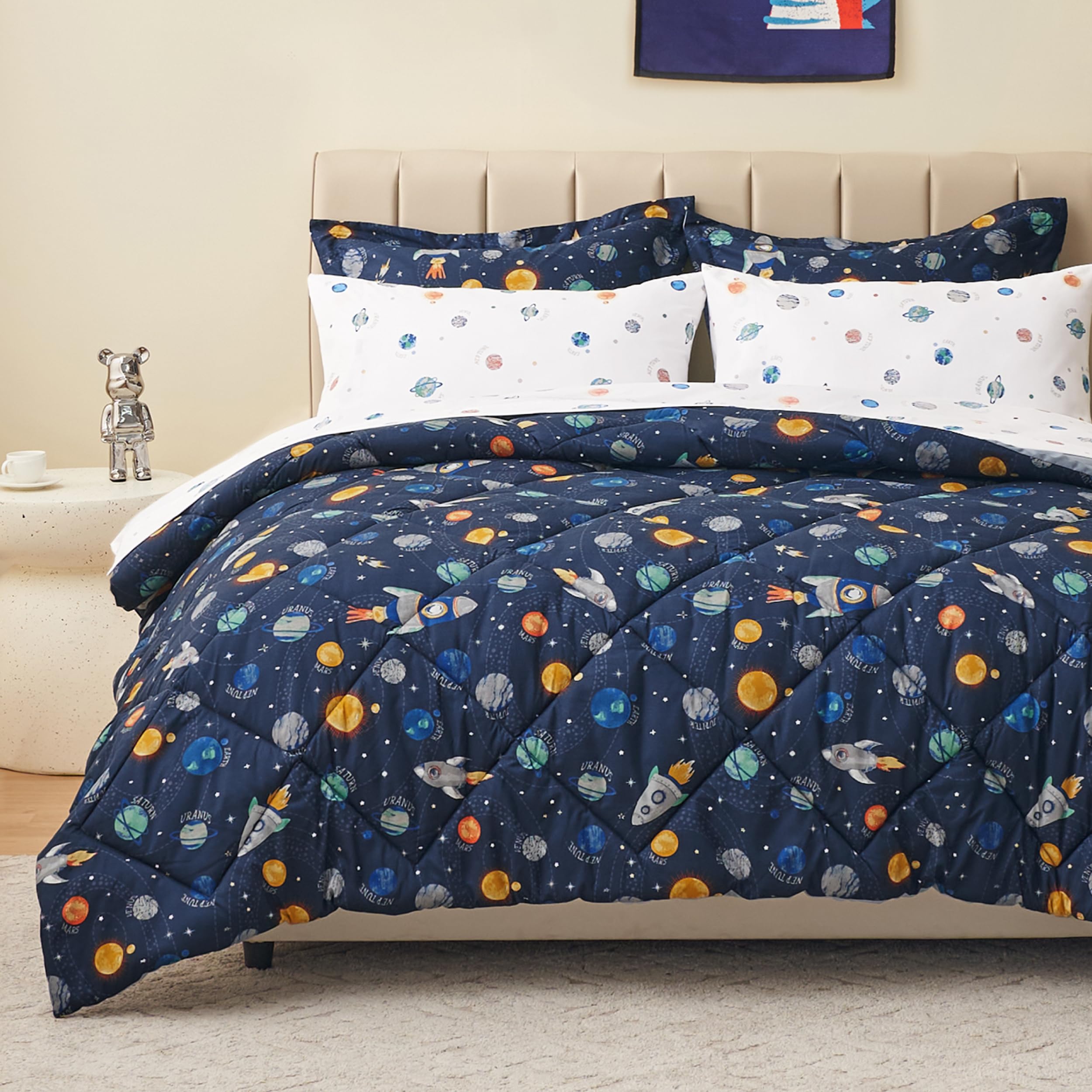 PPOLCA Twin Size Space Kids Bedding Set for Girls, 5 Pieces Super Soft Lightweight Microfiber Comforter Set with Sheets, Space Bedding Twin, Bed in a Bag, Durable Children Bed Set
