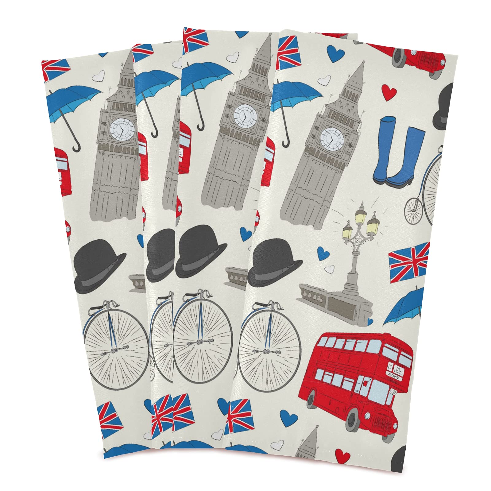 ALAZA Cartoon Big Ben Bus British Flag Kitchen Towels Dish Bar Tea Towel Dishcloths Set of 4 Super Absorbent Soft 18 x 28 inches
