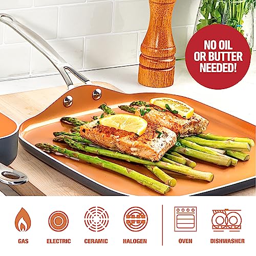 Gotham Steel Nonstick Griddle Pan for Stove Top – 10.5 Inch Ceramic Flat Pan, Square Pan For Cooking Eggs Pancakes And More, Square Frying Pan, Stay Cool Handle, Oven / Dishwasher Safe, Non Toxic
