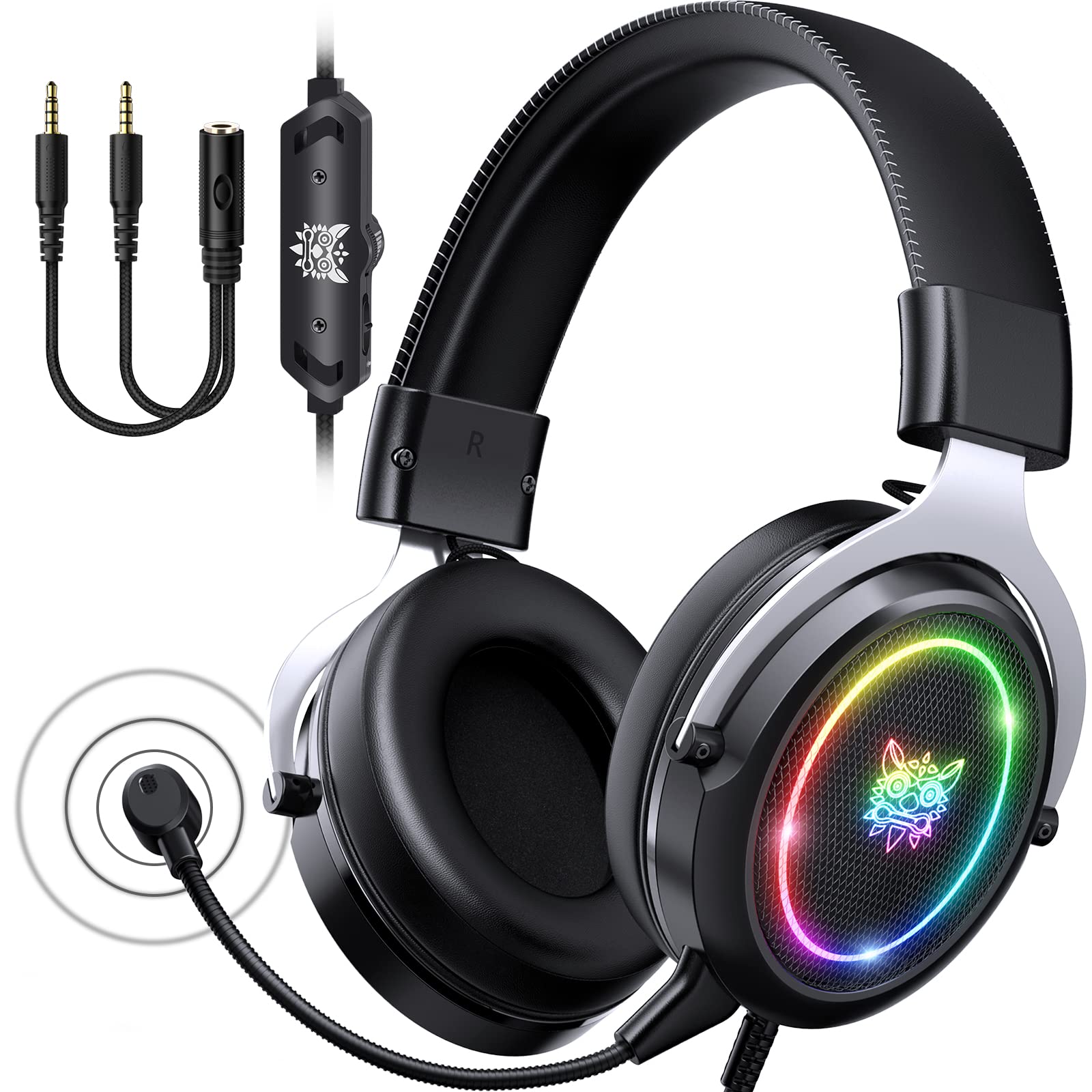 Ajsaki Gaming Headset for Playstation 5 - PC Headset with Detachable Mic RGB Light Over-Ear Gaming Headphones 7.1 Surround Sound Compatible with PS4 PS5 Xbox One (Silver)