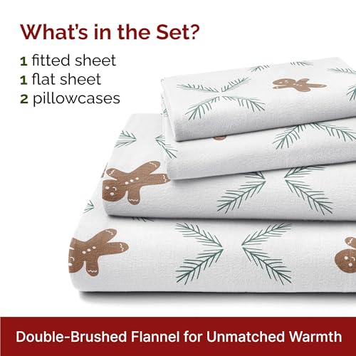 Flannel Christmas Sheets - 100% Cotton Flannel Sheets - Queen Size Sheet Set - Extra Soft & Cozy - Thick Warm Heavyweight Winter Sheets - Gingerbread Deep Pocket Holiday Sheets for Women, Men & Kids