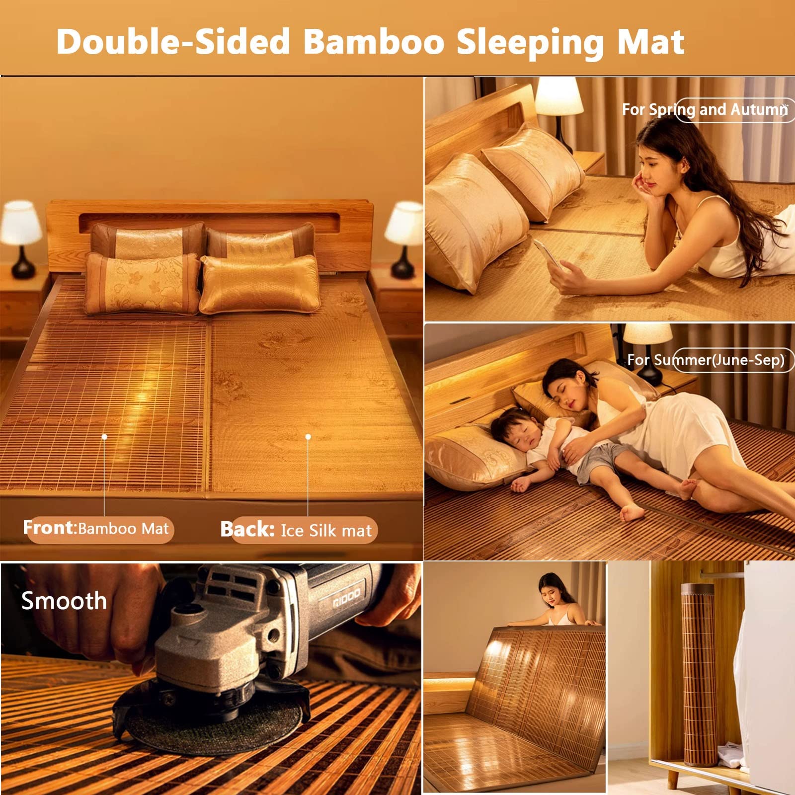 Summer Cooling Bamboo Sleeping Mat, Double-Sided Single/Twin/Queen Folding Mattress Topper Pad,Breathable Smooth Bed Sheet Air Conditioning Mat，Summer Bedding for Home School Dorm(with Pillowcase) (S