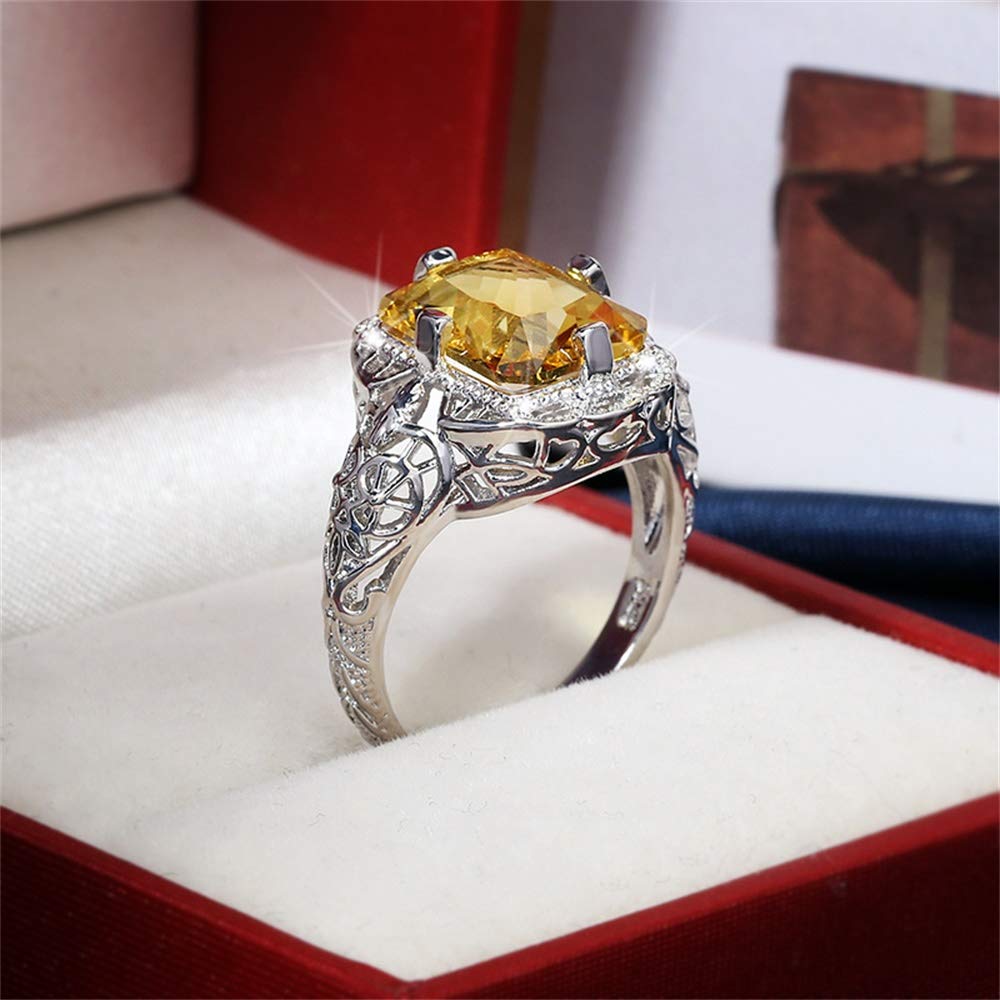 925 Sterling Silver Shining Citrine Ring Square perfect Cut 3Ct Cubic Zirconia Promise Rings CZ Yellow Gemstone Solitaire Ring Eternity Engagement Wedding Band Ring Sets for women TZ.74 (US Code 6)