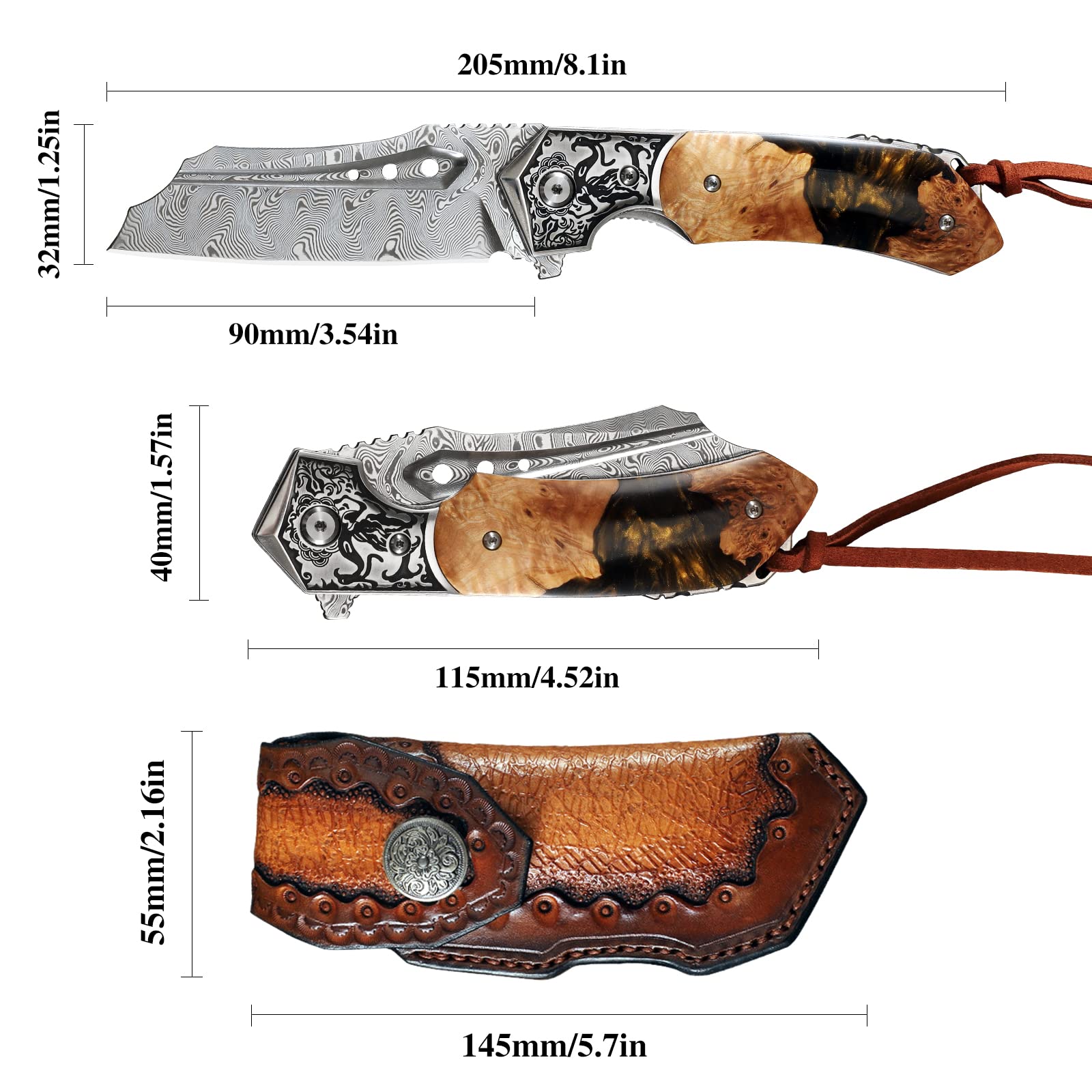Minowe Japan Handmade Damascus steel steel Folding Pocket Knife,3.5 in High hardness blade,Frame Lock,With Leather Sheath,resin and Maple handle,Mountaineering go fishing hunting Adventure Knifee