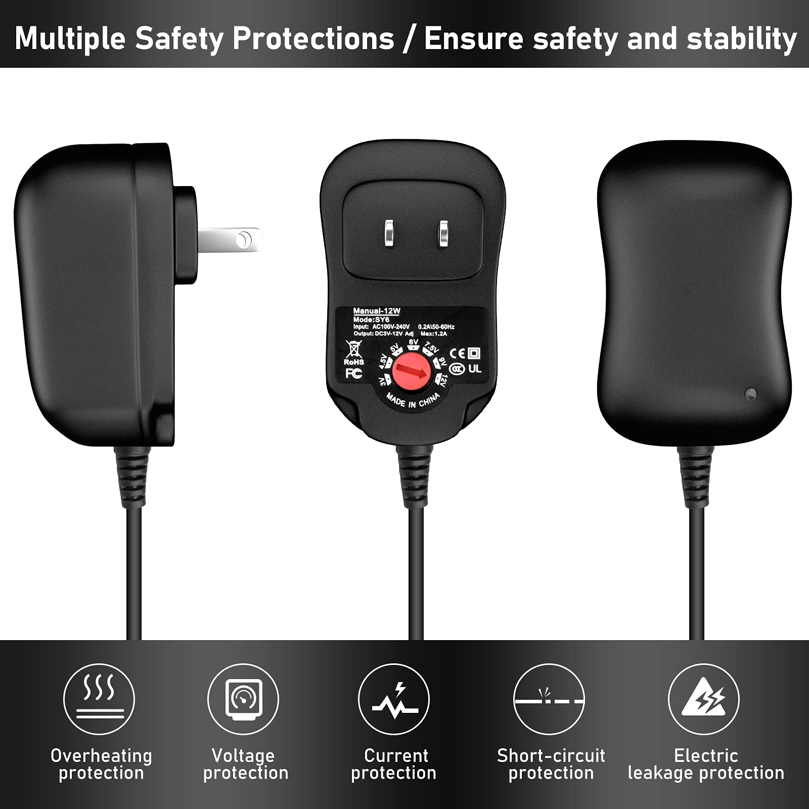Universal AC Adapter, Waysse 12W 3V 4.5V 5V 6V 7.5V 9V 12V Adjustable Power Adapter Multi Voltage Switching Replacement Power Supply for Household Electronics and LED Strip