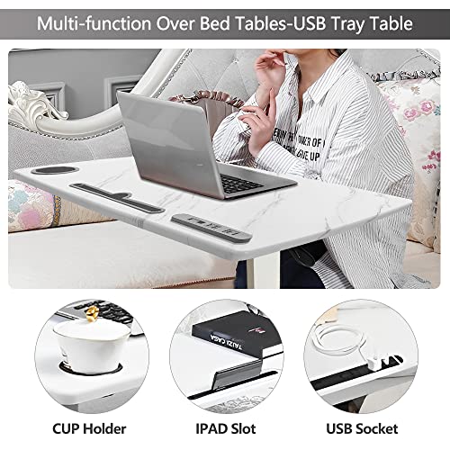 BeGyoku Overbed Table,Hospital Bed Table,Pneumatic Bed Tables Adjustable Over The Bed with Hidden Wheels&USB Port,Mobile Laptop Table Cart and Rolling Bedside Table with Tray Hospital Home Use-White