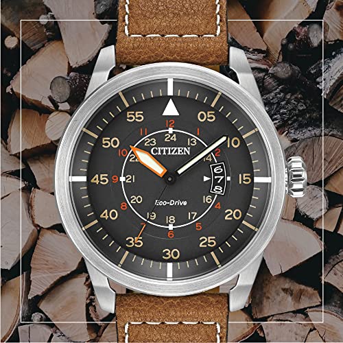 Citizen Men's Eco-Drive Weekender Avion Field Watch in Stainless Steel with Brown Leather strap, Grey Dial (Model: AW1361-10H)