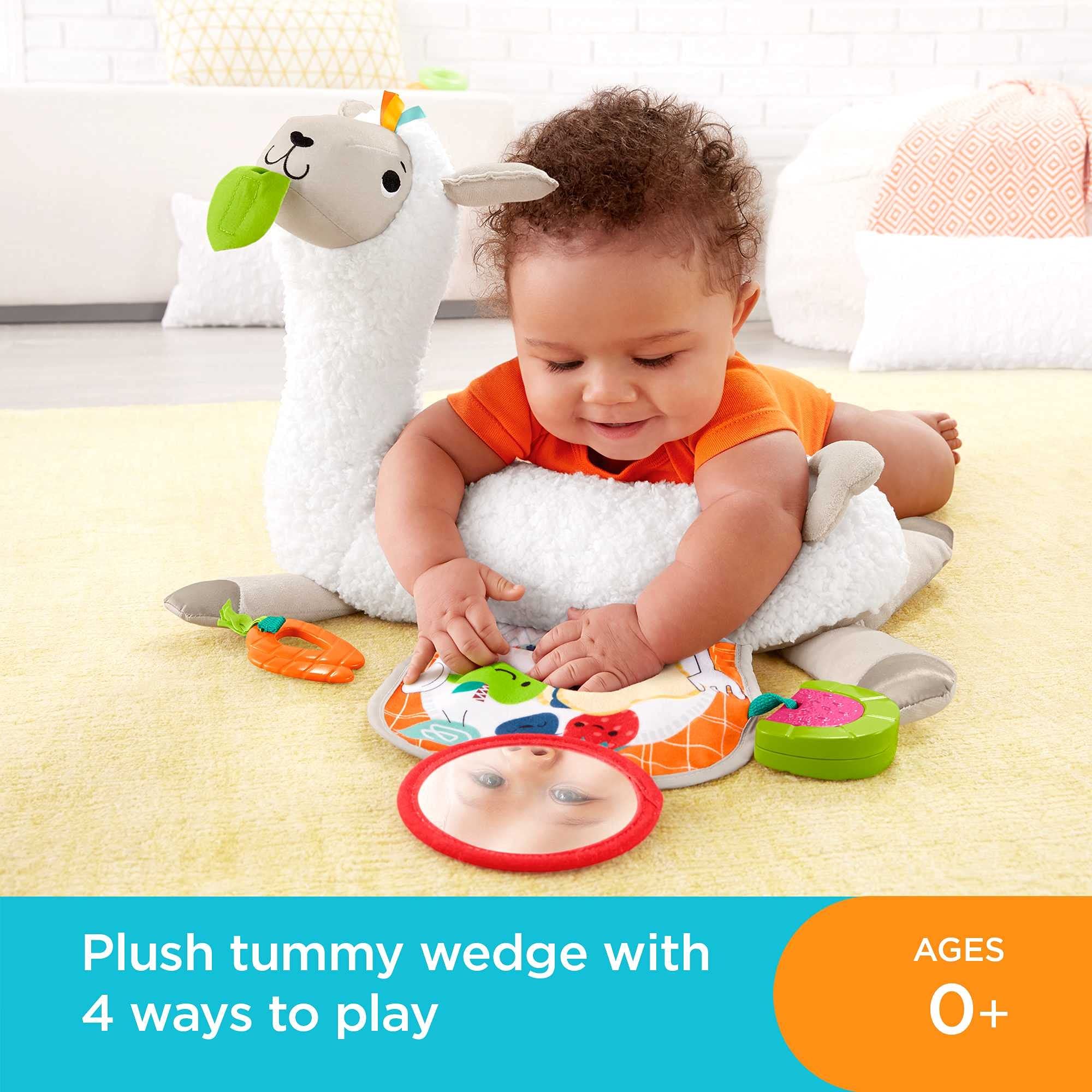 Fisher-Price Baby Toy Grow-with-Me Tummy Time Llama Wedge Support with Mirror, Teether & Rattle, Developmental Play for Newborns Ages 0+ Months