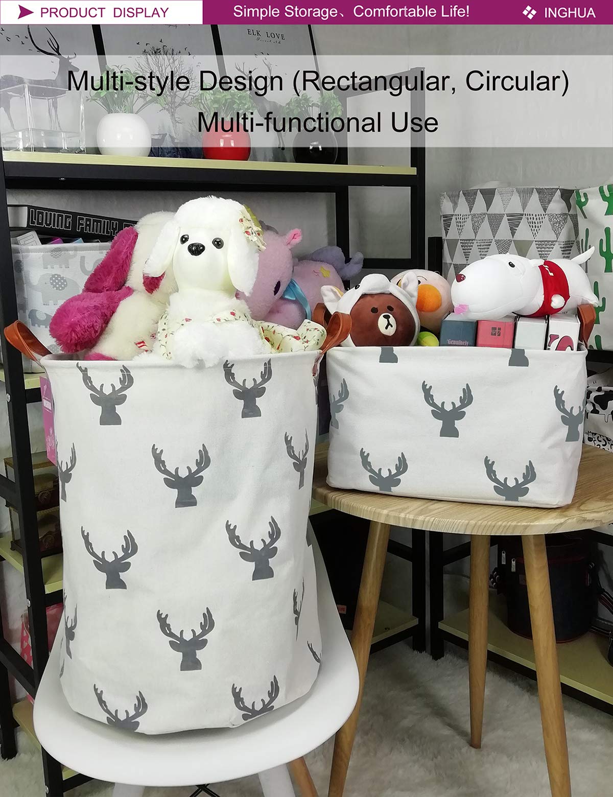 INGHUA Rectangular Storage Basket Fabric Organizer Bin for Toys,Books,Clothes,Gifts,Pets-Perfect for Home,Office,Nursery,Dorm,Shelf(Rec grey deer)