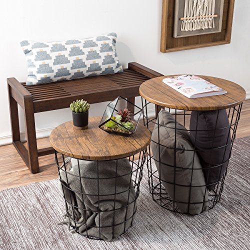 Lavish Home End Storage β Nesting Wire Basket Base and Wood Tops β Industrial Farmhouse Style Side Table, Set of 2 - Round Black, Brown