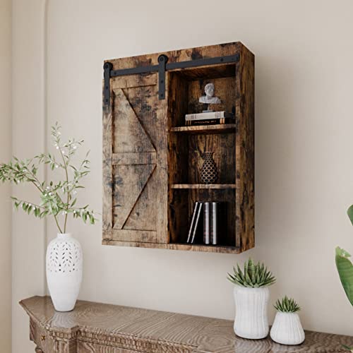 BARNER HOME Wall Mounted Medicine Cabinet, Bathroom Wall Cabinet Farmhouse Sliding Barn Door with 3 Tier Storage Cabinet for Living Room,Brown