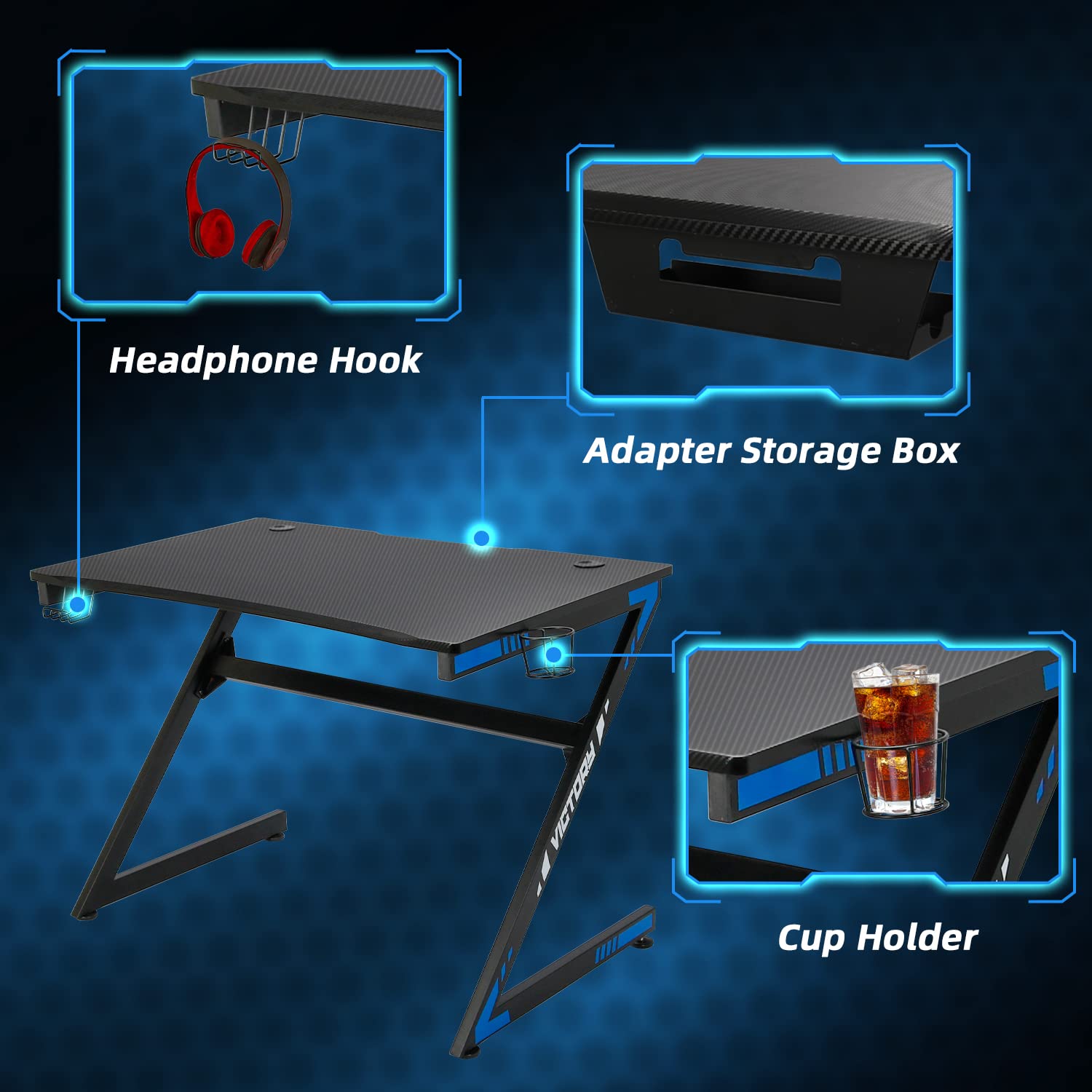Cirstore Gaming Desk 39 Inch Computer Desk Gaming Table Z Shaped Pc Gaming Workstation Home Office Desk with Headphone, Gaming Controller Rrack,Black and Blue