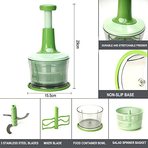 GProME Manual Food Processor -Salsa Maker Hand Chopper Blender As Seen On TV- Meat Masher Mincer-Salad Spinner -Onion Chopper & Dicer for Baby Food, Salad, Herbs, Garlic,BPA Free(Large)