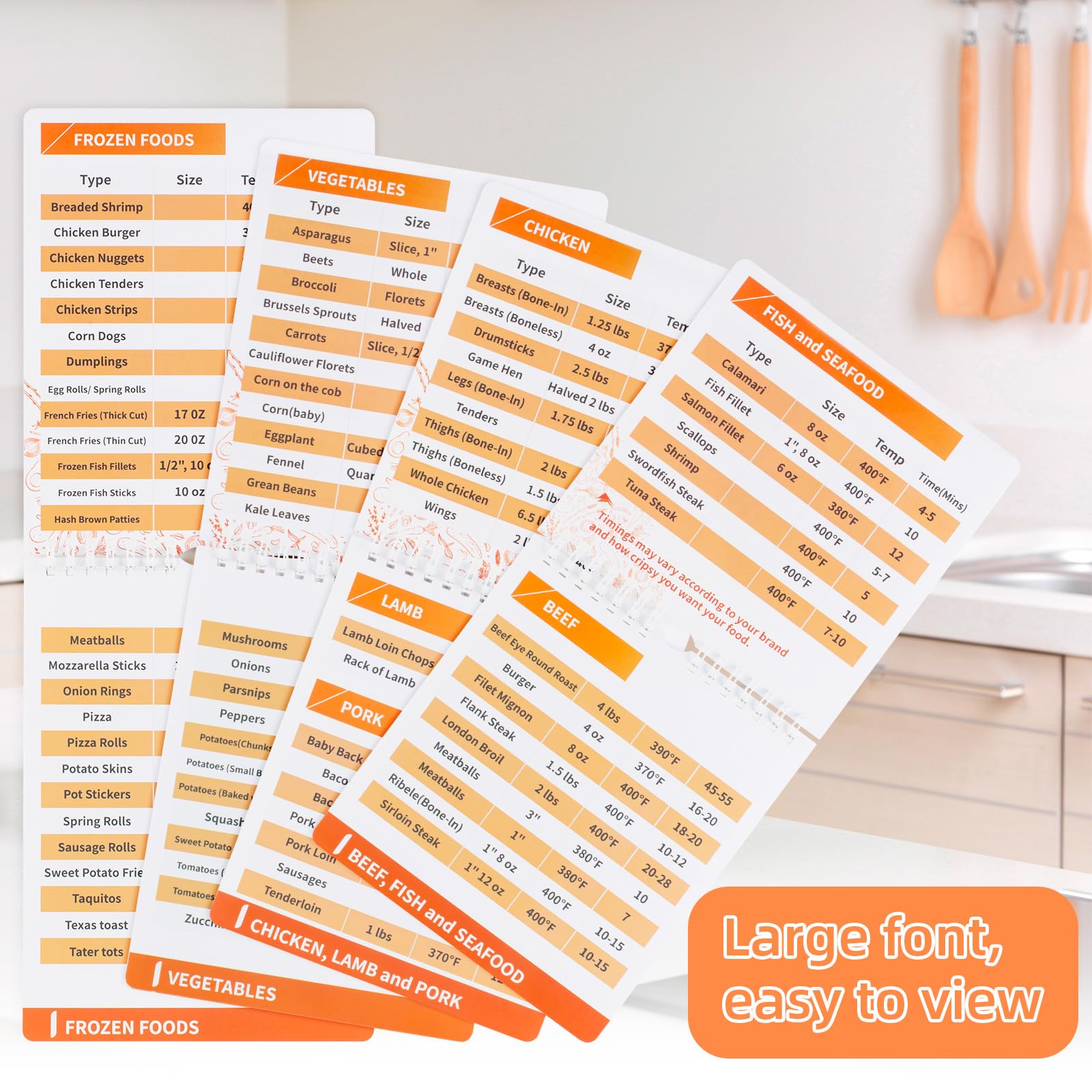 Air Fryer Cooking Times Chart in Large Font, Easy to Read and Find Air Fryer Cheat Sheet.