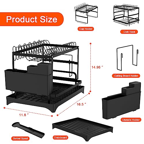 Baroflone Dish Drying Rack, 2 Tier Dish Drying Rack Large Capacity, Rust-Proof Stainless Steel Dish Racks for Kitchen Counter with Drainboard, Cutting Board Holder - Black
