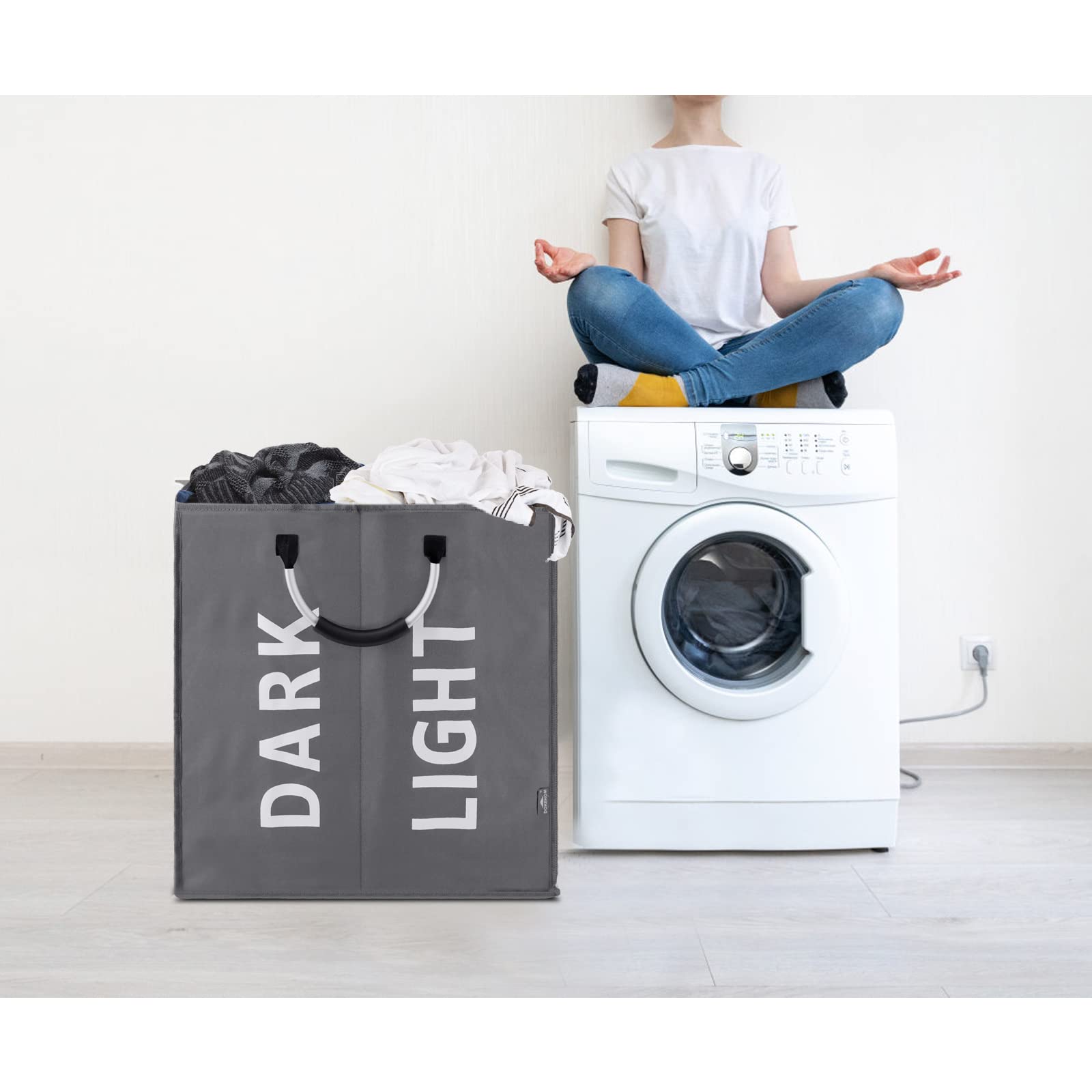 DOKEHOM 80L Large Collapsible Washing Laundry Basket Bag with 2 Sections for Bedroom, Fabric (Dark Grey)