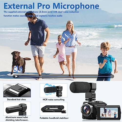 Camcorders Video Camera 4K, 48MP Ultra HD WiFi Vlogging Camera for YouTube, IR Night Vision 3.0" Touch Screen 16X Digital Video Recorder with Microphone, Stabilizer, Lens Hood, Remote,2 Batteries