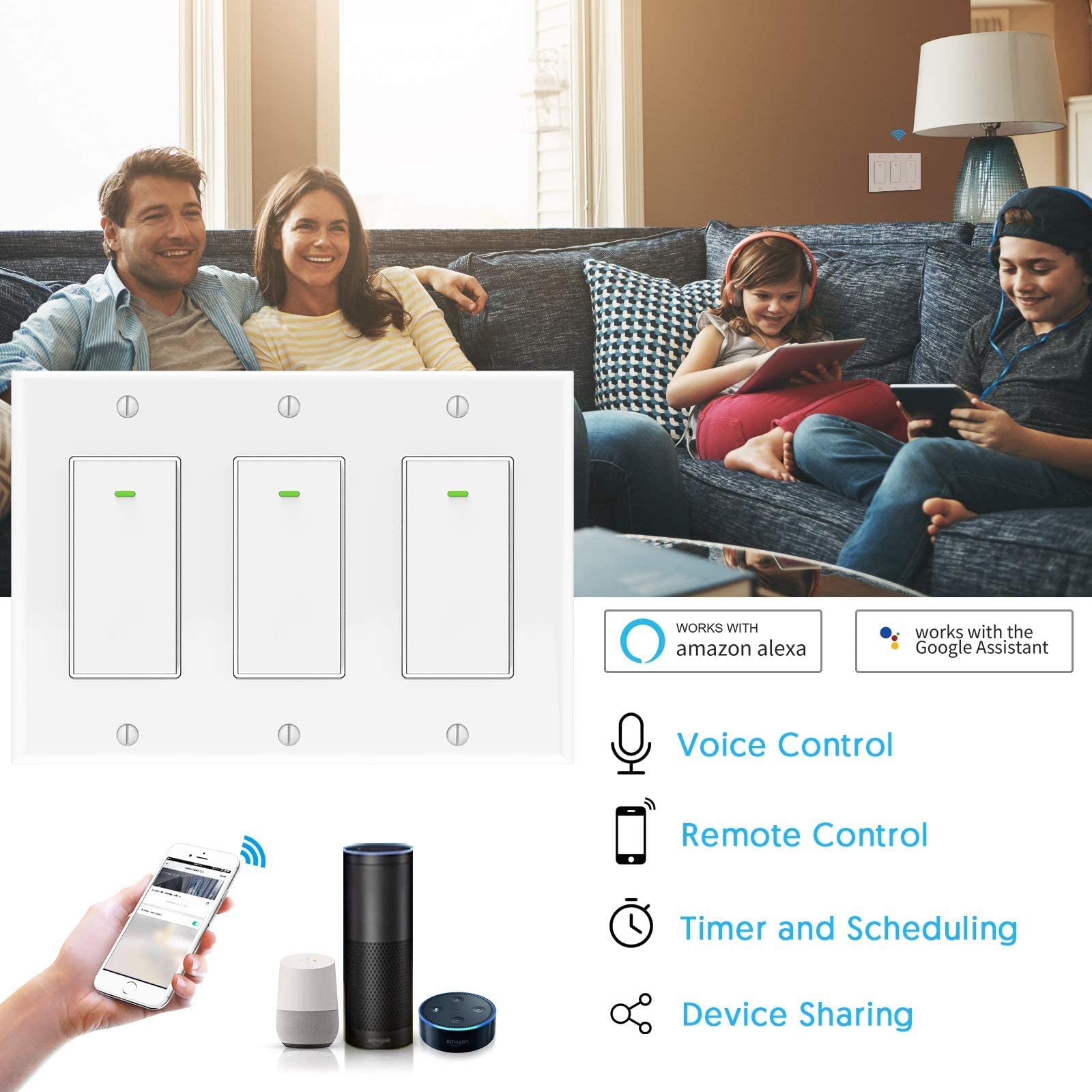 Alexa Light Switch, Smart WiFi Light Switches, Smart Switch 3 Gang，Compatible with Alexa and Google Home, Neutral Wire Needed, No hub Required (3Gang)