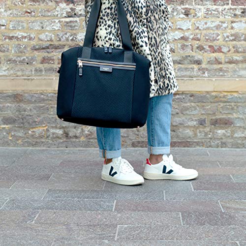 Stevie Luxe Scuba Black Modern Style Baby Diaper Bag by Storksak | Water-Resistant, Large Capacity Multi-Functional Bag with Smooth Leather Trim and Rose Gold Hardware | Shoulder and Stroller Straps