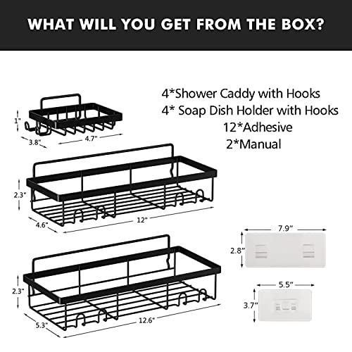 Amorettise 8 Pack Shower Caddy, Shower Shelves - 4 Pack Adhesive Bathroom Shower Shelf No Drilling with 4 Soap Holders, Stainless Shower Rack Bathroom Organizer for Storage Decor (Black)
