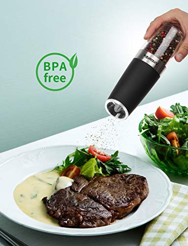 Electric Gravity Salt and Pepper Mill Set of 2【White Light】- Battery Operated Automatic Salt and Pepper Mills with Light,Adjustable Coarseness,One Handed Operation,Cleaning Brush,Black by AmuseWit
