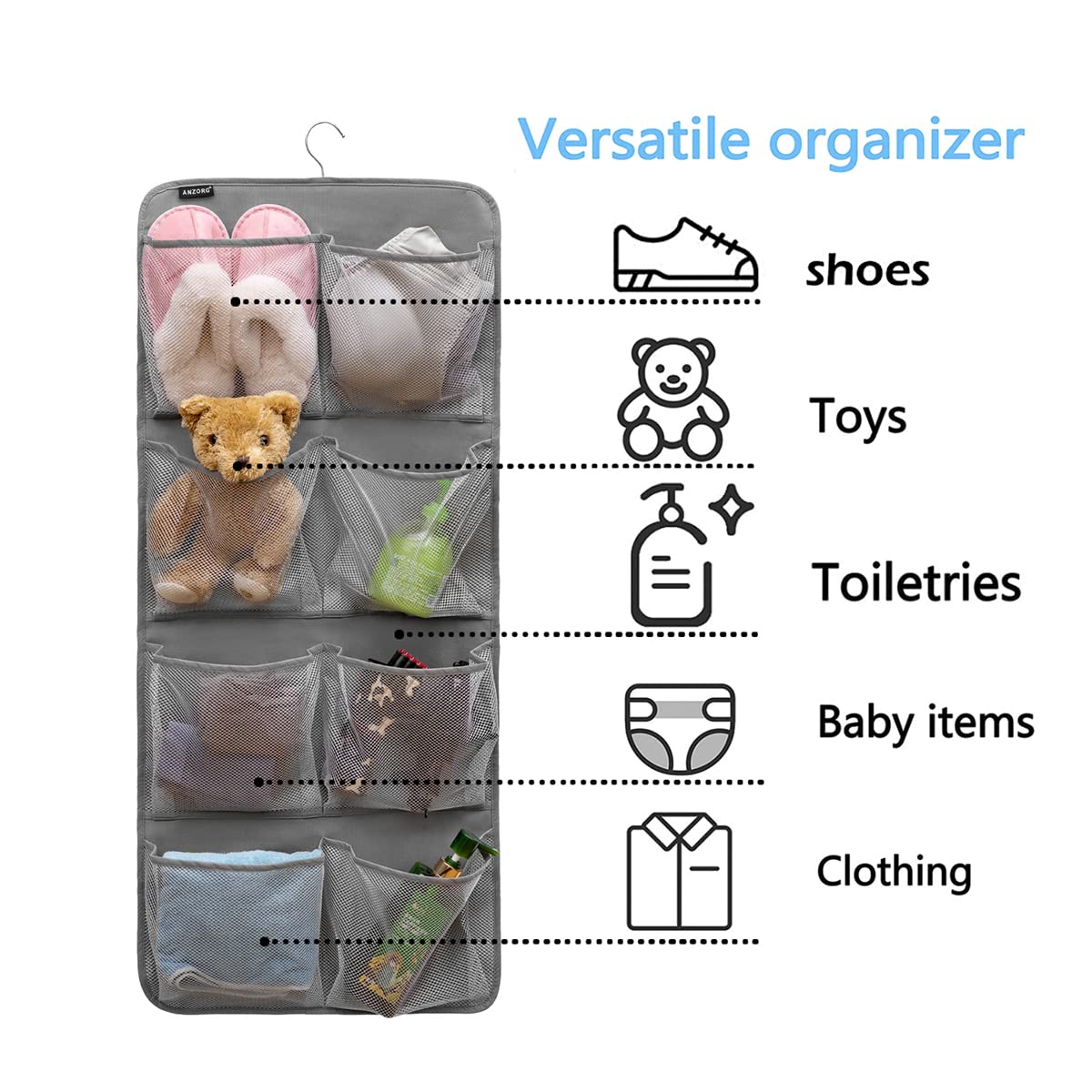 ANZORG Dual-Sided Hanging Closet Organizer for Socks Underwear Bra Kids Storage Organizer for Baby Clothes Toddler Shoes with 26 Pockets (Grey-Mesh Pockets)