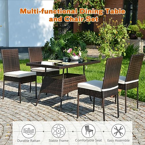 BaRdzo 5 PCS Patio Rattan Dining Set Glass Table High Back Chair Garden Deck Mix Brown