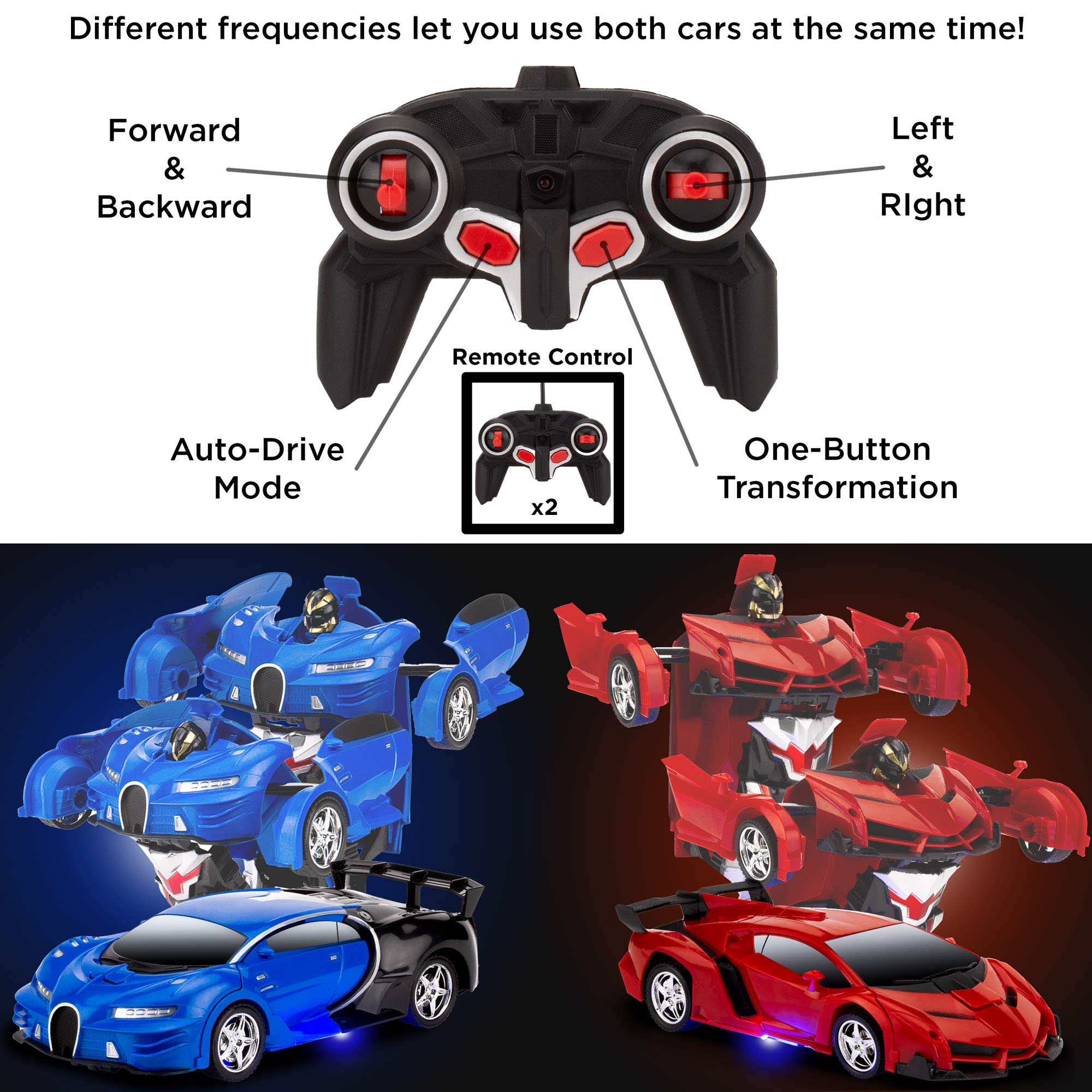 Best Choice Products Set of 2 1/18 Scale Interactive RC Remote Control Transforming Drifting Robot Sports Car Action Figure Toys w/ 1 Button Transformation, Light and Sounds