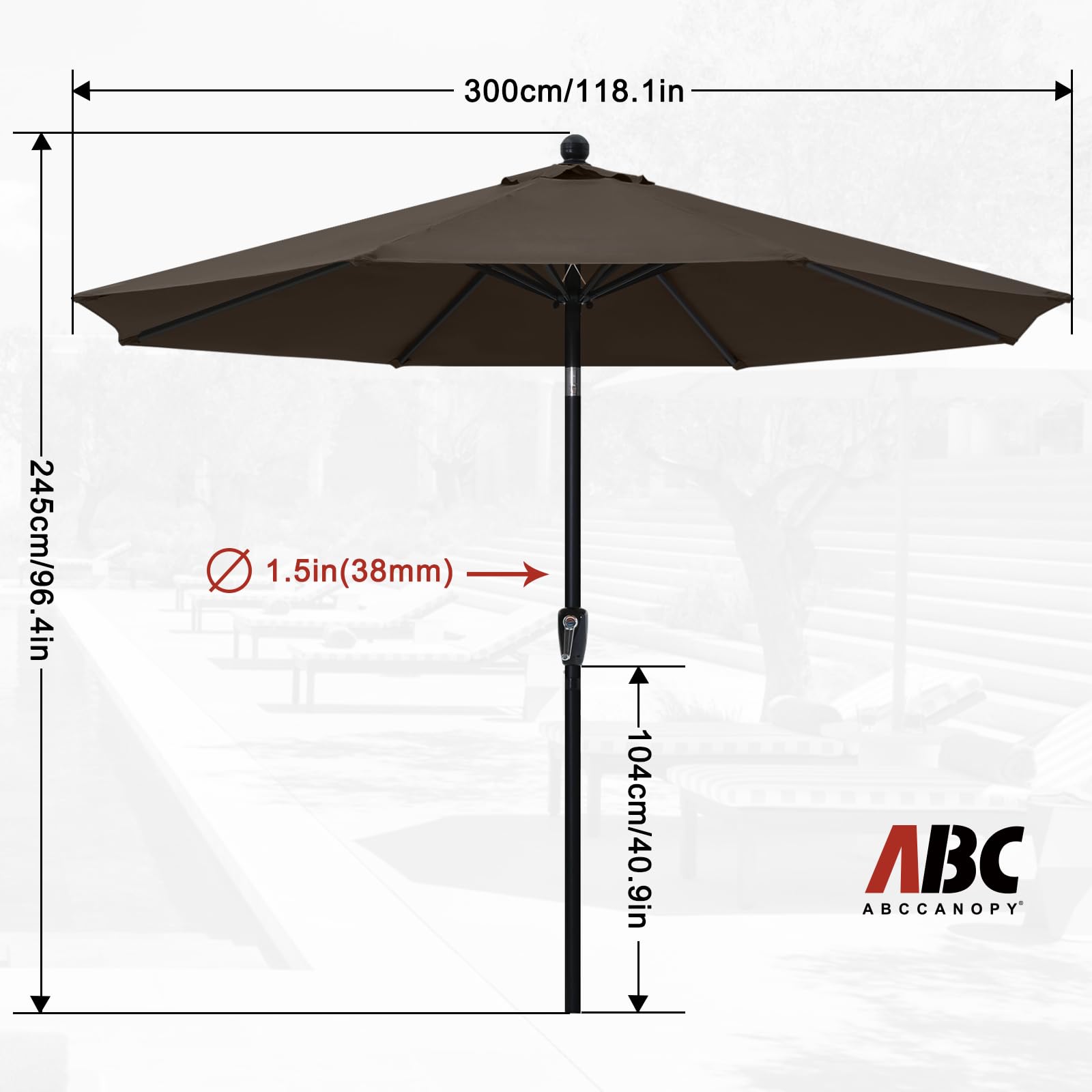 ABCCANOPY 10FT Patio Umbrella - Outdoor Waterproof Table Umbrella with Push Button Tilt and Crank, 8 Ribs UV Protection Pool Umbrella for Garden, Lawn, Deck & Backyard (Brown)