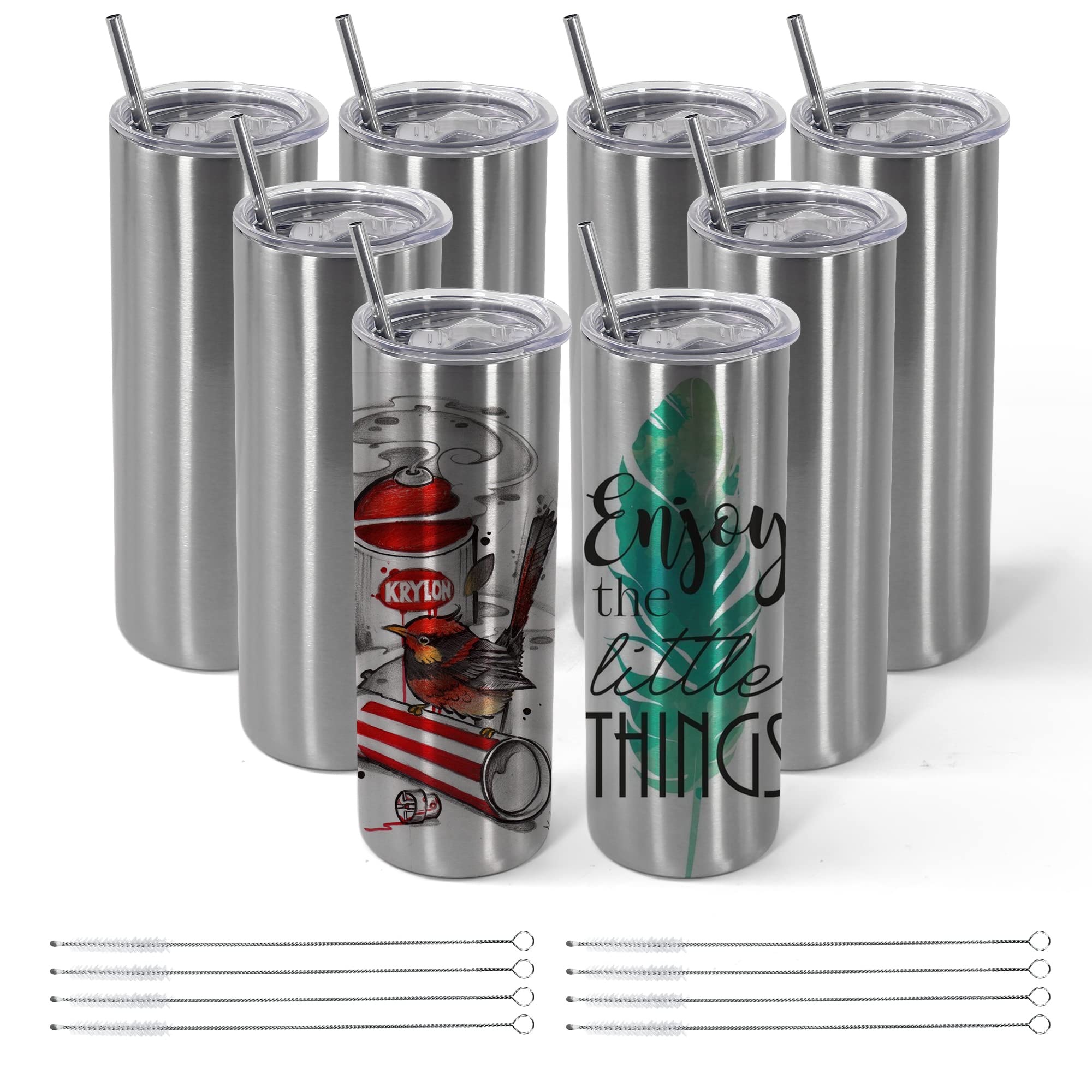 AGH 8 Pack 20oz sublimation tumbler blank, Stainless Steel Tumblers Bulk With Reuse Straw and Brush, Silvery Cup Vacuum Insulated Mug for Travel Coffee