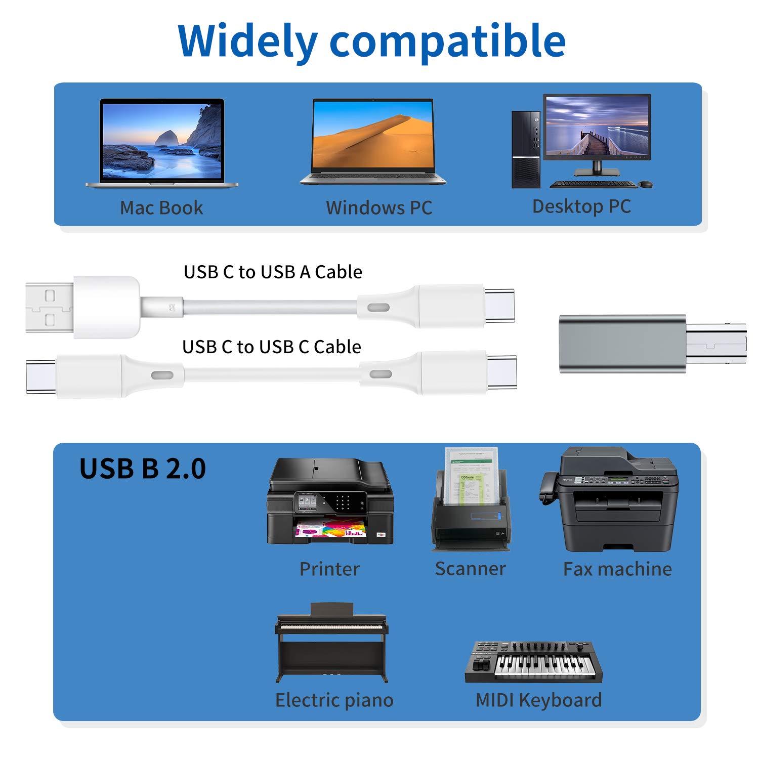 USB C Female to Printer Male Adapter (2-Pack), USB Type C to USB B Convert Connector Support Data Sync Compatible with Brother HP Canon Lexmark Epson Dell Xerox Samsung etc and Piano DAC (Grey)