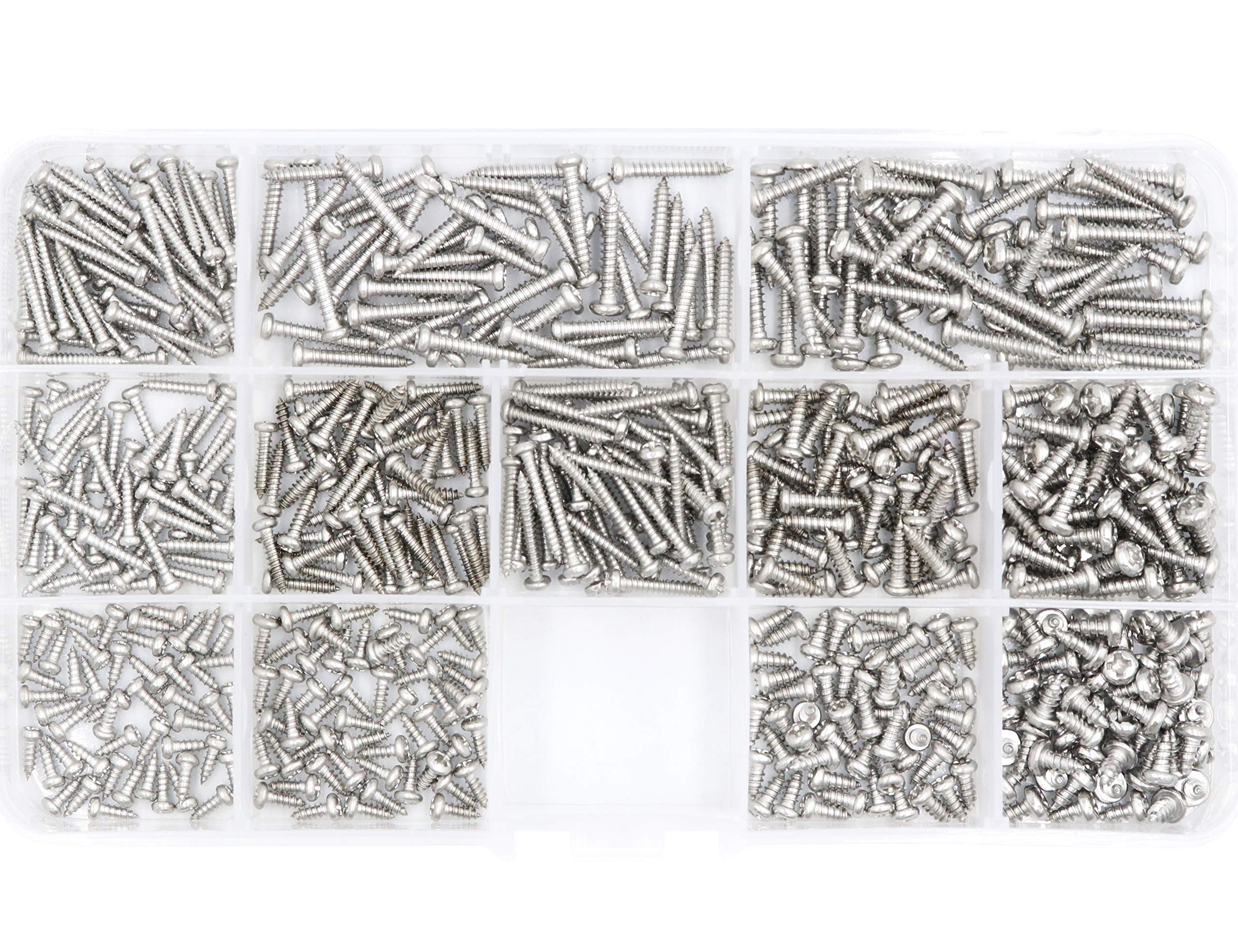 LBY 600pcs M2 M2.2 M2.6 M3 Pan Head Self-Tapping Sheetmetal Screw Assortment Kit, 12 Sizes, 304 Stainless Steel