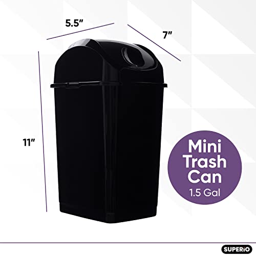 Superio 1.25 Gal Mini Plastic Trash Can with Swing Top Lid Small Waste Bin for Countertop, Desk, Vanity, Bathroom 5 Quart (Black-1 Pack)