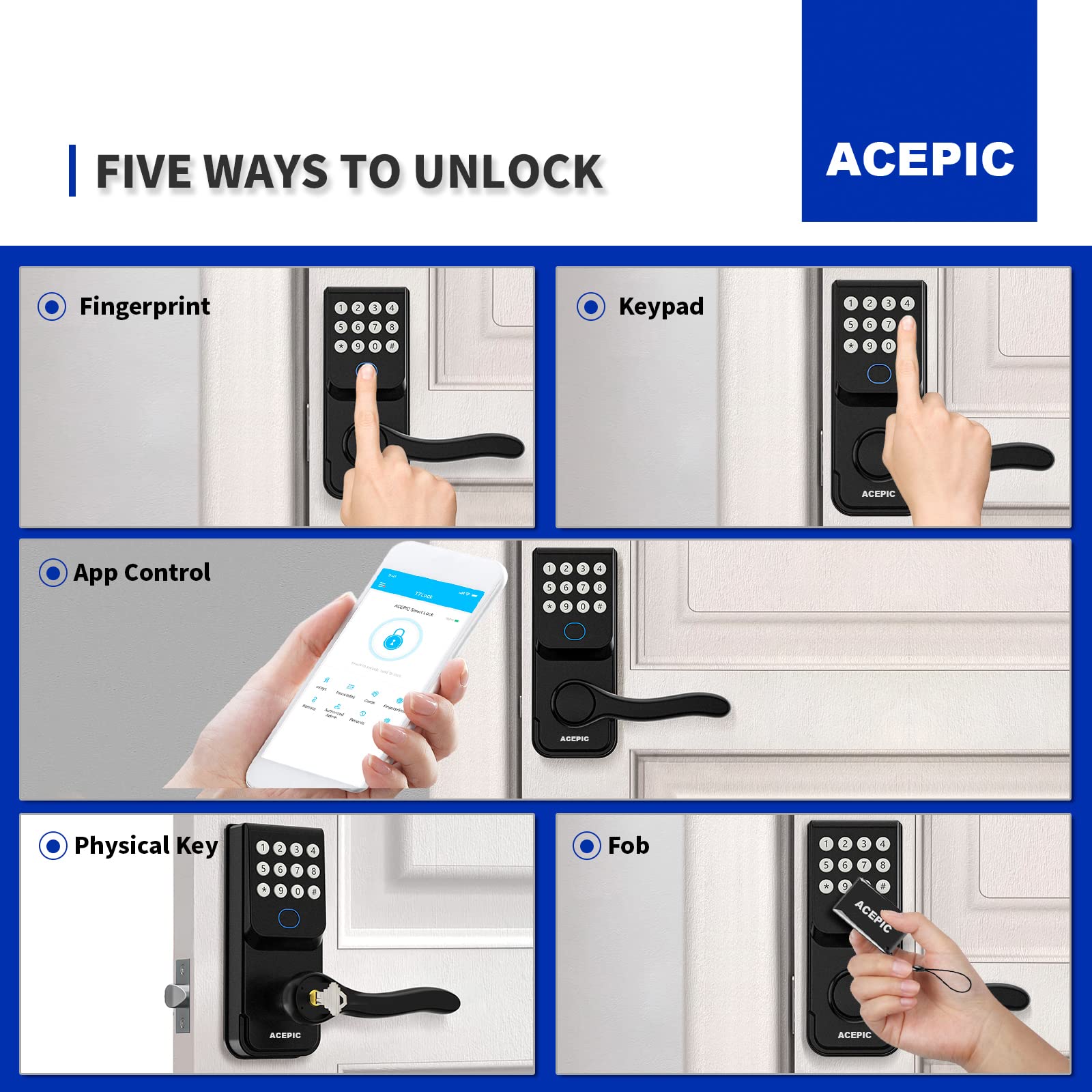 Acepic Full Metal Keyless Entry Door Lock, Keypad Door Lock, Keyless Door Lock, Fingerprint Door Lock, Smart Lock, Passcode Code Door Lock, Digital Smart Door Lock, Fob (Matte Black)