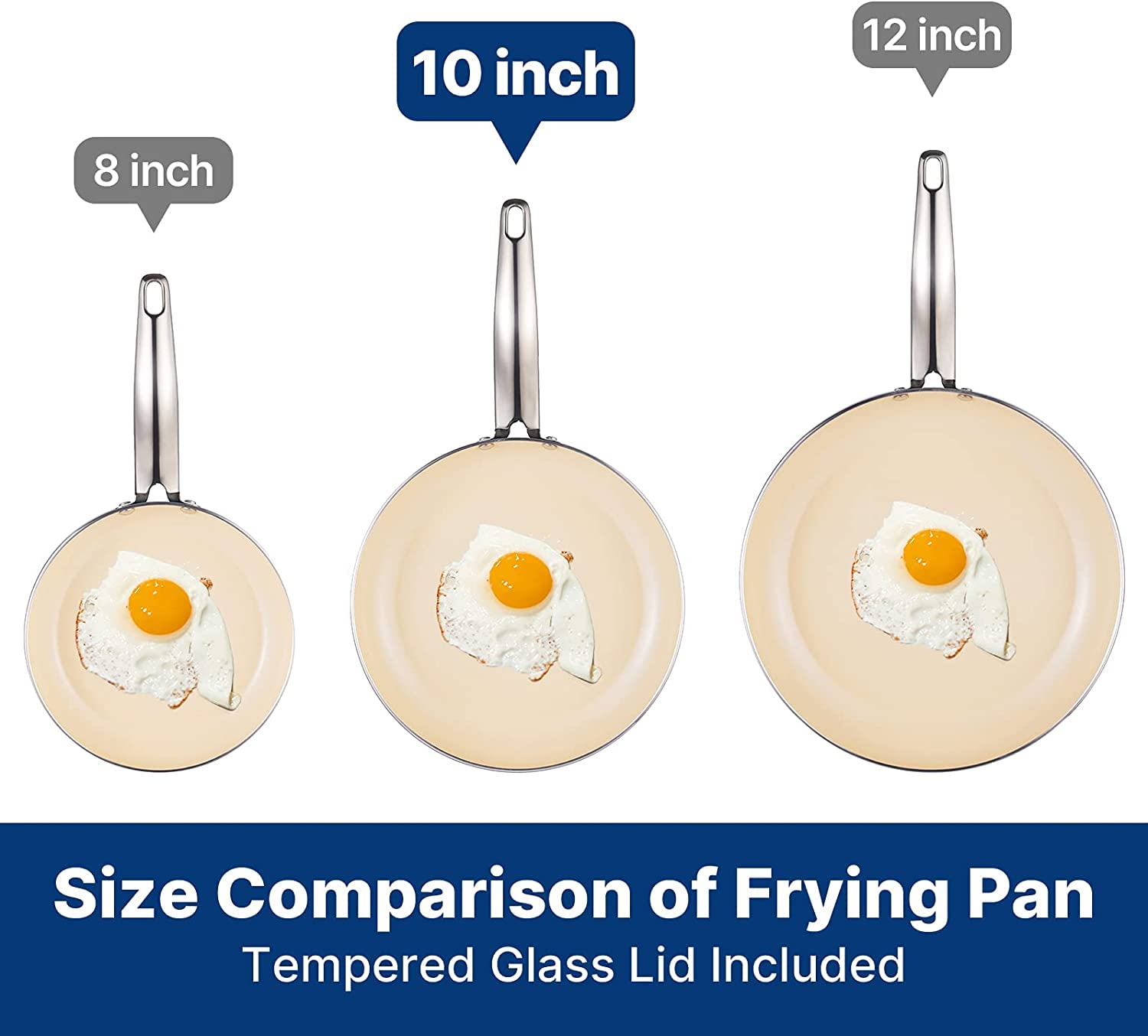 Qstar 10 inch Ceramic Nonstick Frying Saute Pan in Sapphire Blue with Lid and Stainless Steel Handle