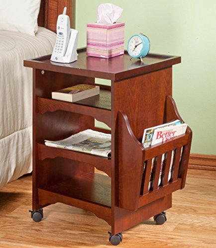 OakRidge Wood Finish Deluxe Rolling Multipurpose Table Accents, 18.5β W x 25.375β H x 18.875β L β Wooden Magazine/Book Rack Attachment with 3 Shelves and Sturdy Top Platform, Mahogany