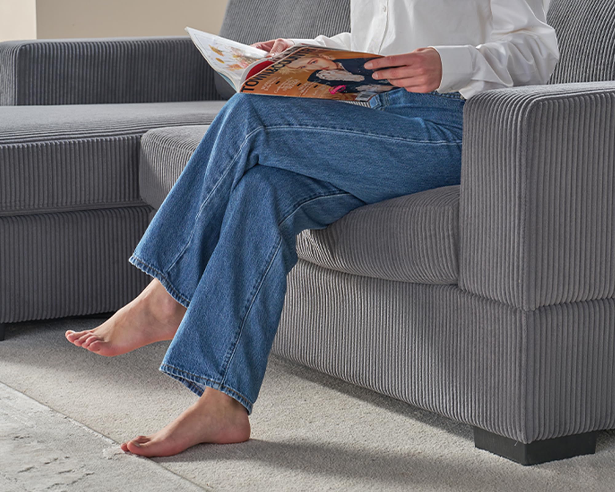 AMERLIFE 121 Inch U Shaped Sofa, Oversized Sectional Couch with Left Facing Chaise, Comfy Sofa with Corner Seat, Grey Corduroy Couch for Living Room
